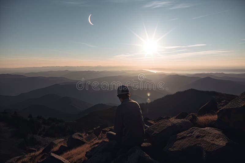 Person, Watching Eclipse from Mountaintop, with Distant View of the ...