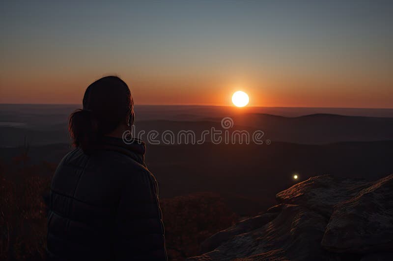 Person, Watching Eclipse from Mountaintop, with Distant View of the ...