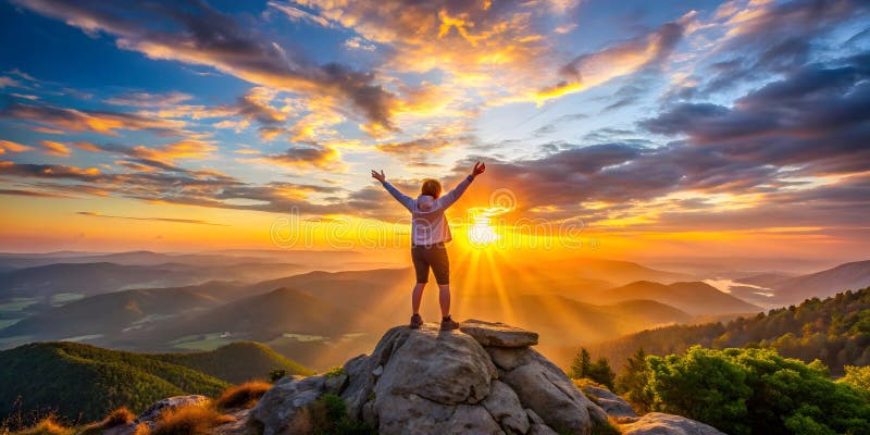 Person Watching Sunset from Mountaintop with Joy Stock Illustration ...