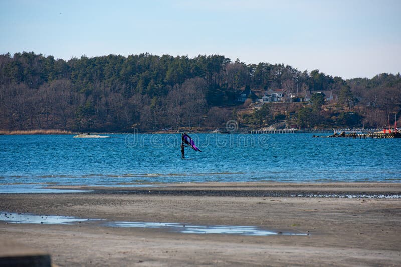 Person in the Water by a Beach Getting Ready To Wing Foil.. Editorial ...