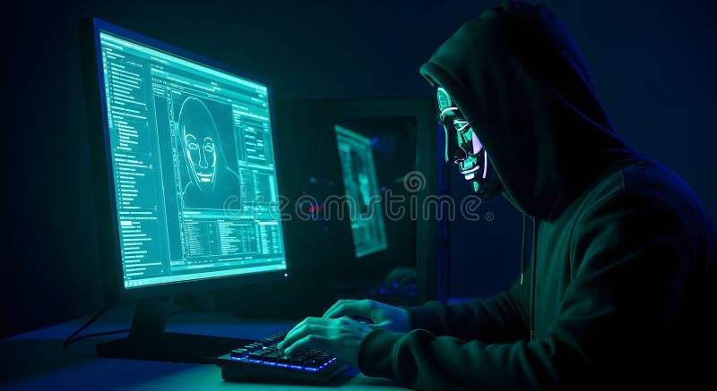 Person Wearing Anonymous Mask is Coding in a Dark Room with a Teal ...