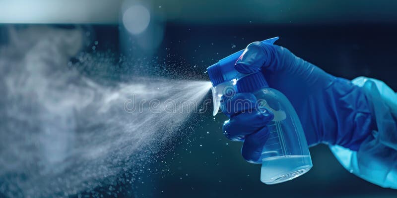 A Person Wearing a Blue Glove Sprays Something from a Spray Bottle ...