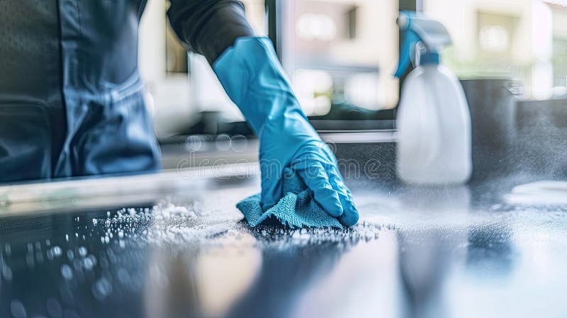 A Person Wearing Blue Gloves Cleaning a Table with a Rag and Spray ...