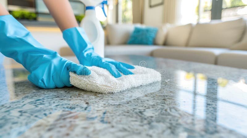 A Person Wearing Blue Gloves Cleaning a Table with a Rag and Spray ...