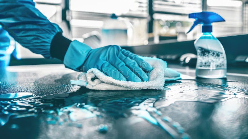 A Person Wearing Blue Gloves Cleaning a Table with a Rag and Spray ...