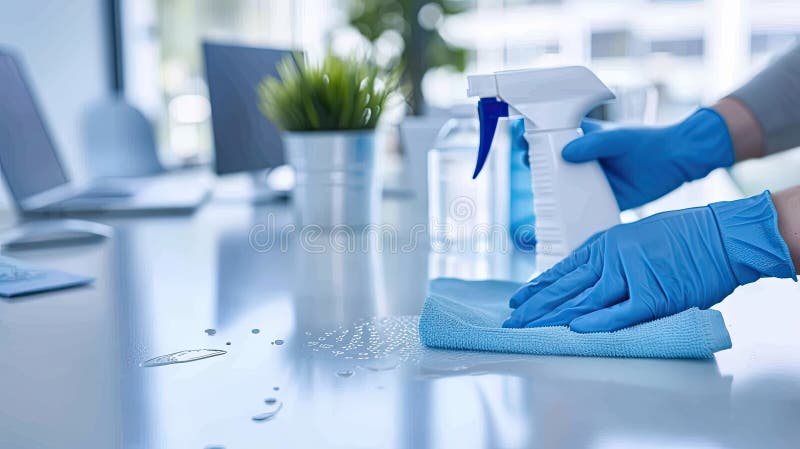 A Person Wearing Blue Gloves Cleaning a Table with a Rag and Spray ...
