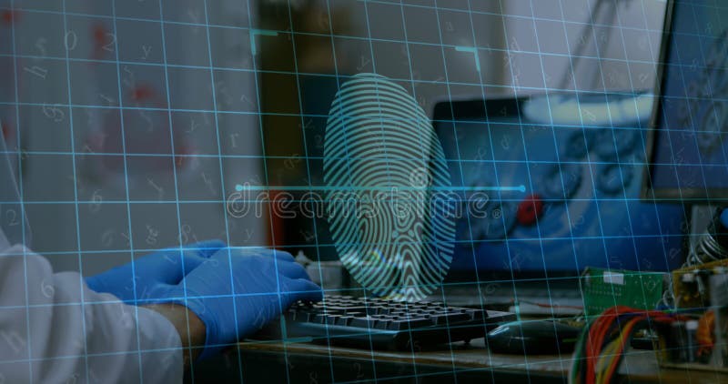 Person Wearing Blue Gloves Examining Fingerprint Data on Laptop Screen ...