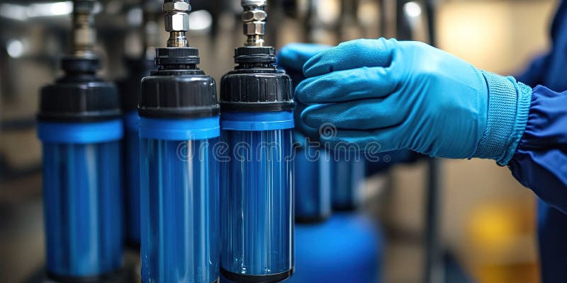 Worker in Blue Gloves Handling Water Filtration Equipment in a ...