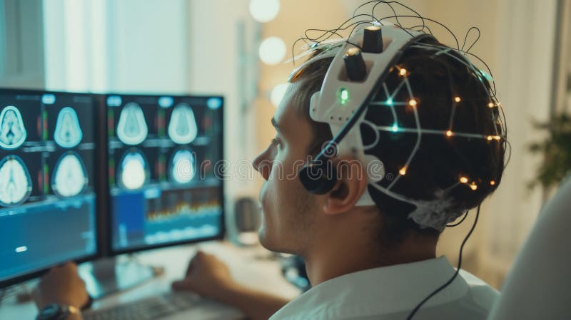 Person Wearing a Brain-monitoring Headset Analyzing Brain Scans on ...
