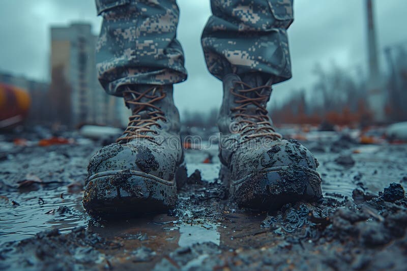 Person in Camouflage Boots Standing in Puddle Generative AI Stock ...