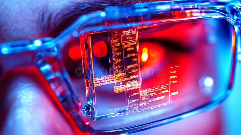 Person Wearing Digital Glasses Displaying a Technological Coding ...