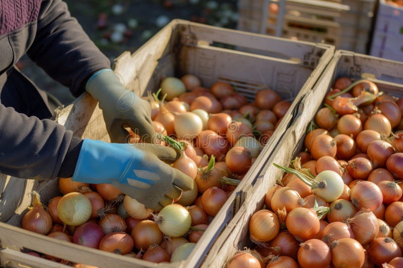 Person Wearing Gloves Sorting Onions into Crates Stock Photo - Image of ...