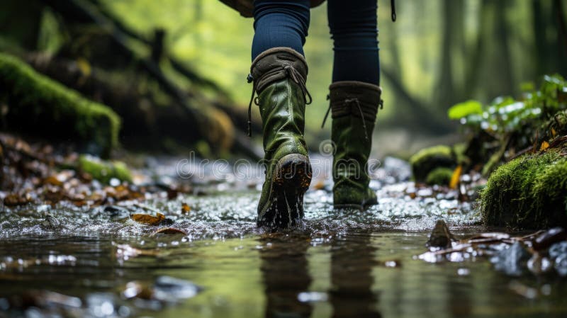 A Person Wearing Green Rain Boots Walking through a Stream. Generative ...