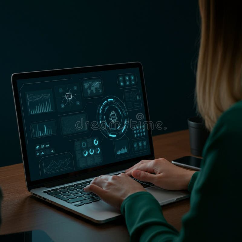 A Person Wearing a Green Top is Working on a Laptop Displaying a ...