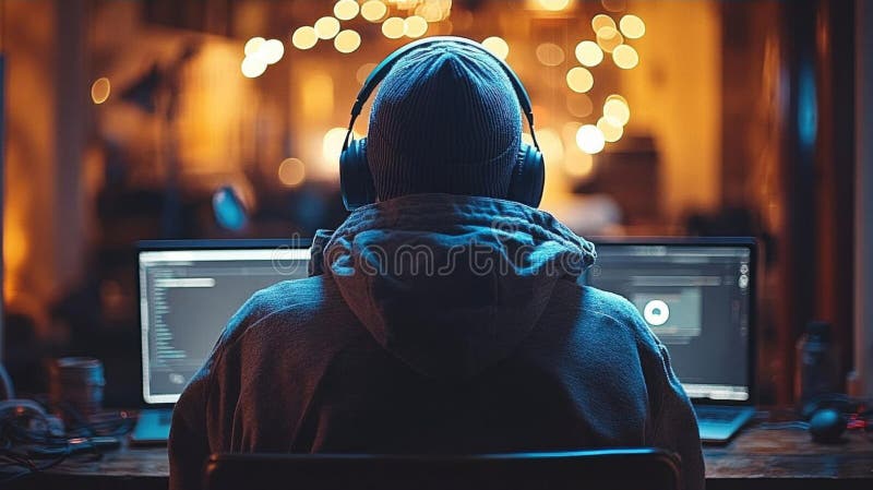 Person Wearing Headphones Working on a Computer at Night Stock Image ...
