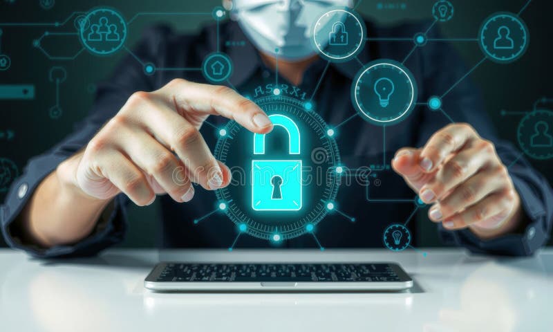 Person Wearing Mask Interacts with Digital Lock Symbol, Emphasizing ...