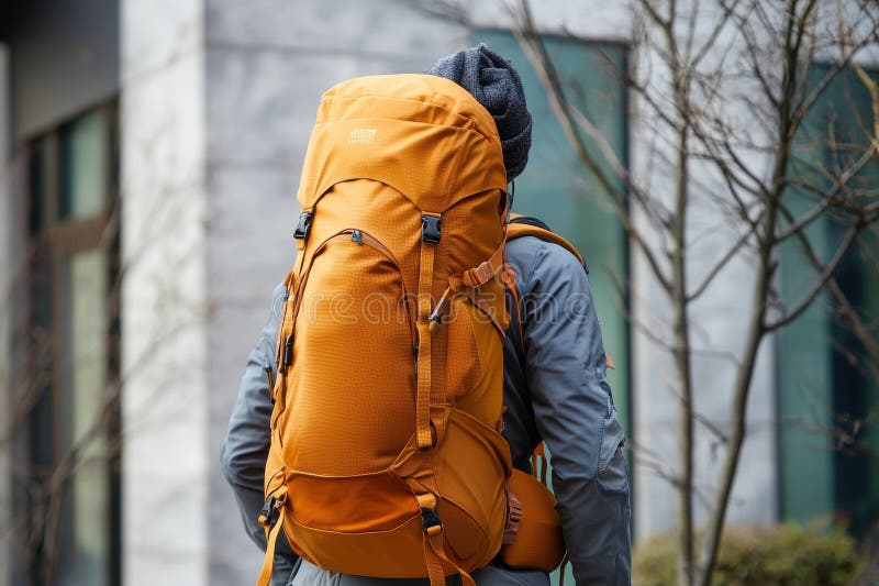 Person Wearing an Orange Backpack Walking by a Building Stock ...
