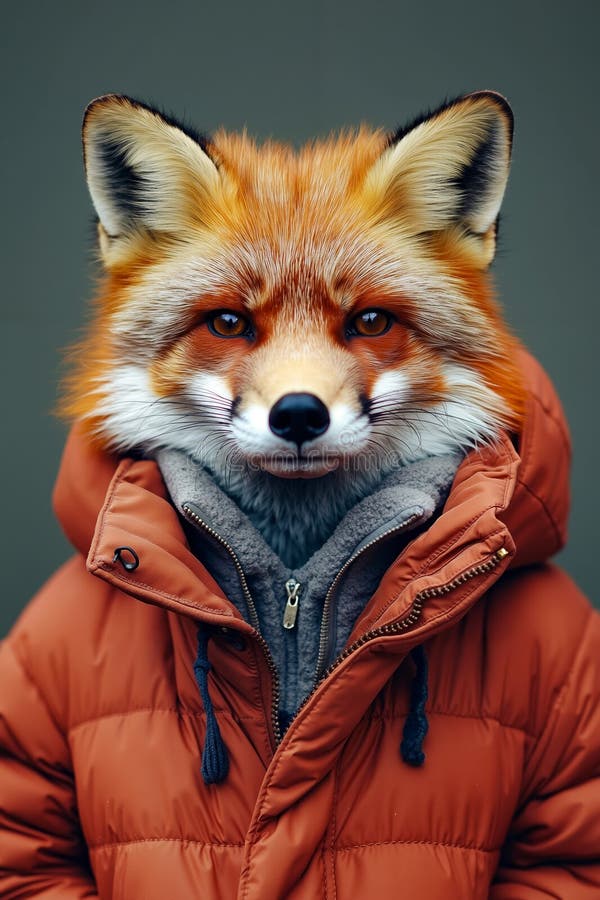 A Person Wearing a Red Jacket with a Fox on Their Head Stock Image ...