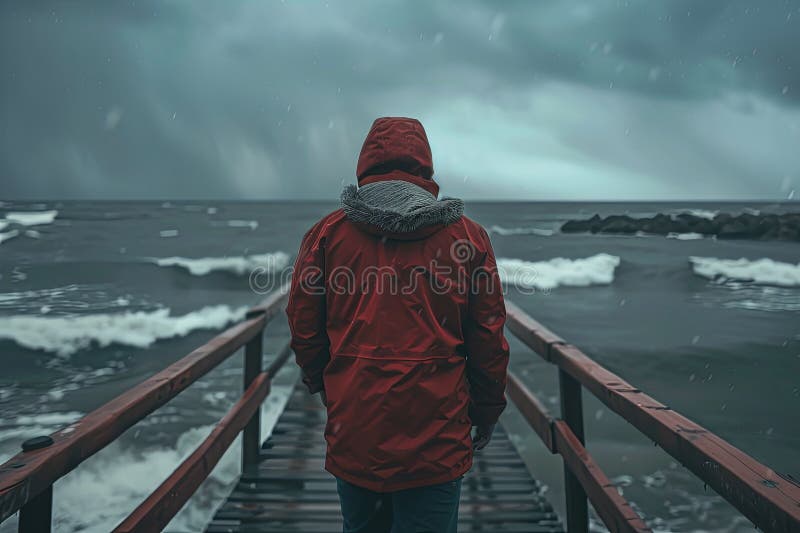 A Person Wearing a Red Jacket Stands on a Pier Stock Illustration ...