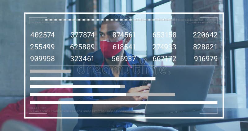 Person Wearing Red Mask Working on Laptop with Data Processing ...