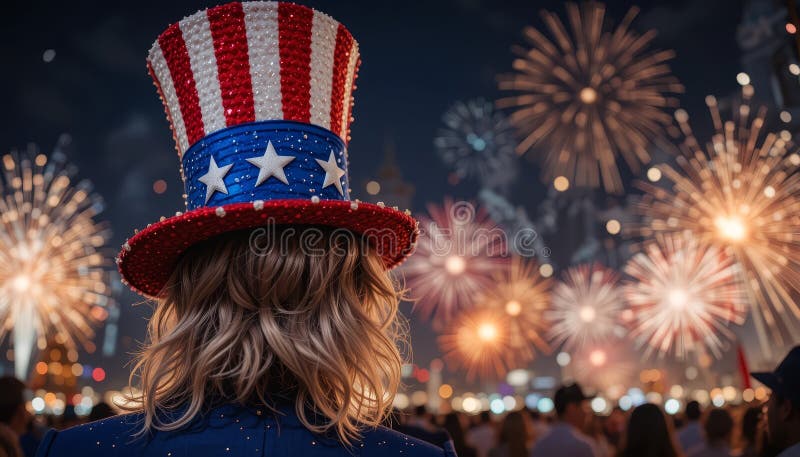 Person Wearing Uncle Sam Hat Watching Fireworks Display Stock ...