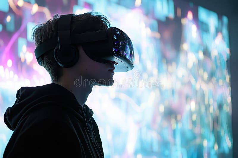 A Person Wearing a VR Headset, Immersed in a Colorful Digital ...