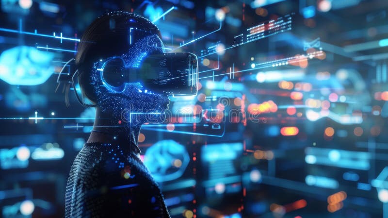 A Person Wearing a VR Headset Interacts with a High-tech, Futuristic ...