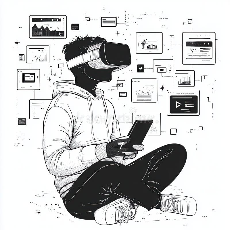 Person Wearing VR Headset Viewing Data Visualizations on Tablet Stock ...