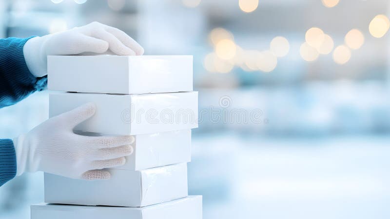 A Person Wearing White Gloves Carefully Stacking White Boxes in a Clean ...