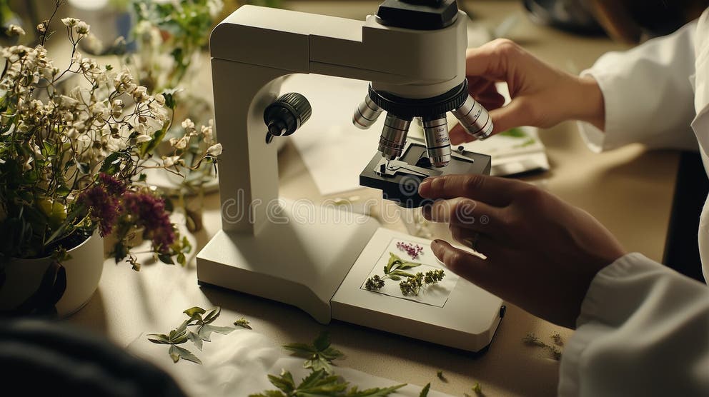Ultra-realistic Close-up of a Botanist Examining Plant Samples with a ...
