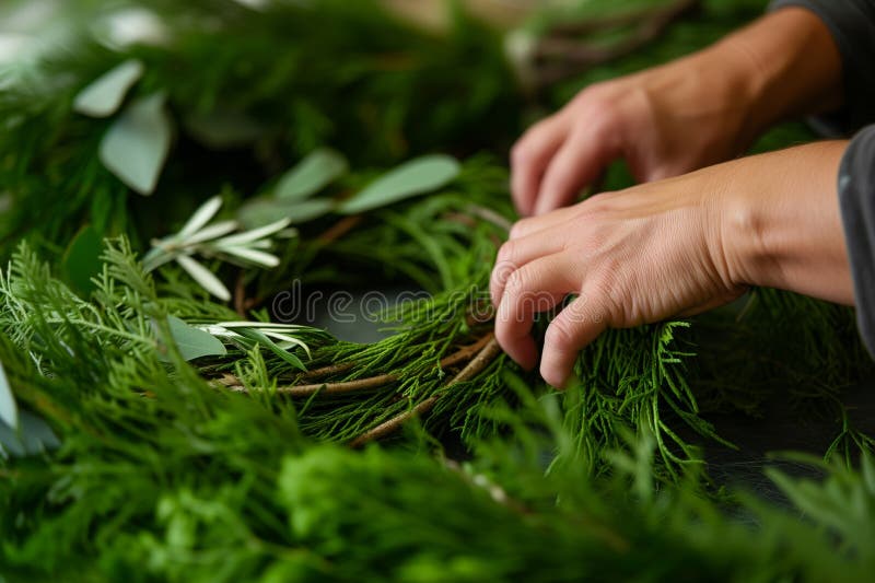 Person Weaving Greenery into a Wreath Stock Photo - Image of hobby ...