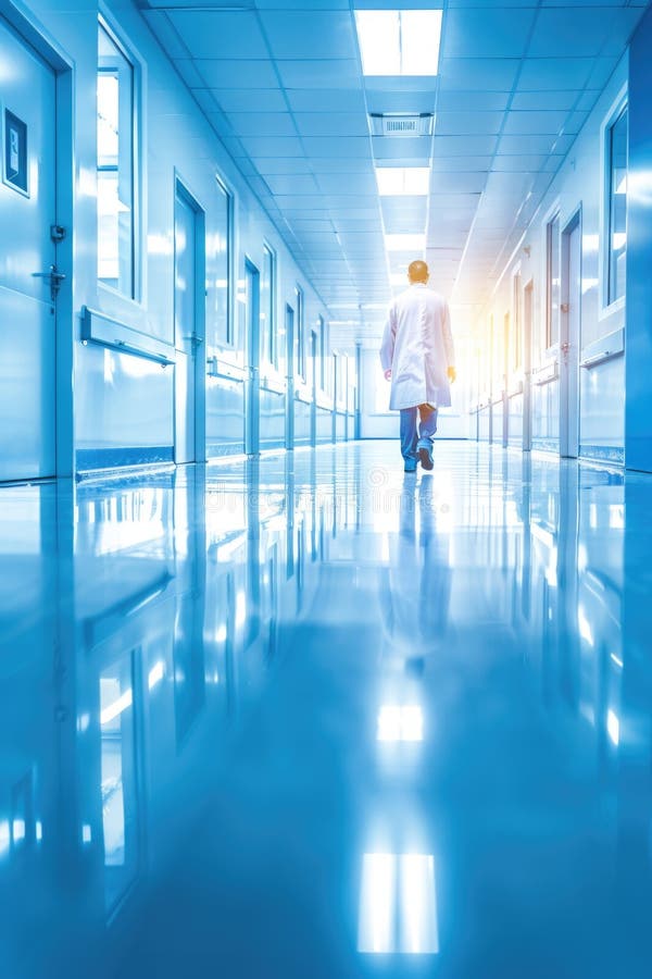A Person in a White Lab Coat Walks Down a Long, Brightly Lit Hallway ...