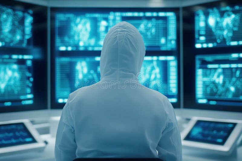 Person in White Medical Protective Gear Analyzing Tech Data on Multiple ...