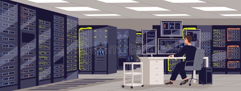 Person Work at Computer in Data Center in Room with Server Racks for ...