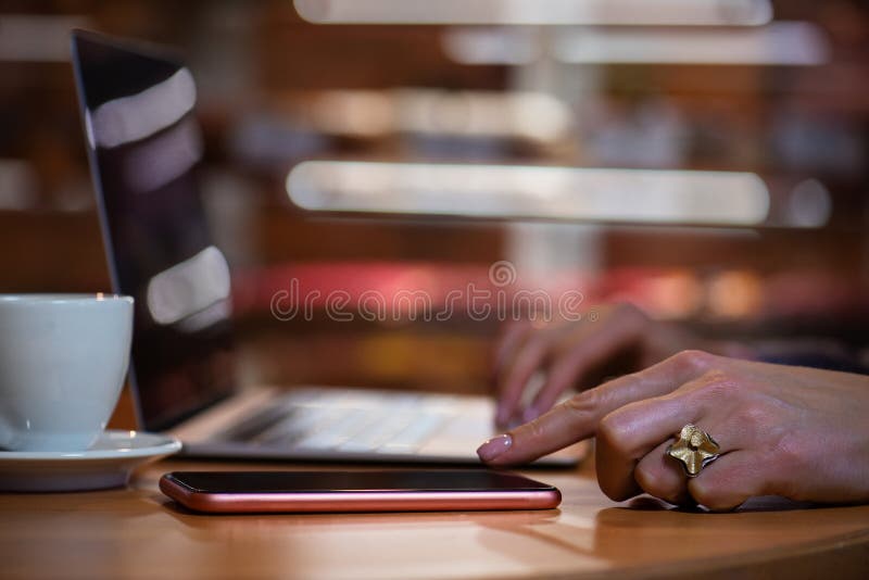 Person Working in Cafe and Using Tech Stock Image - Image of overtime ...