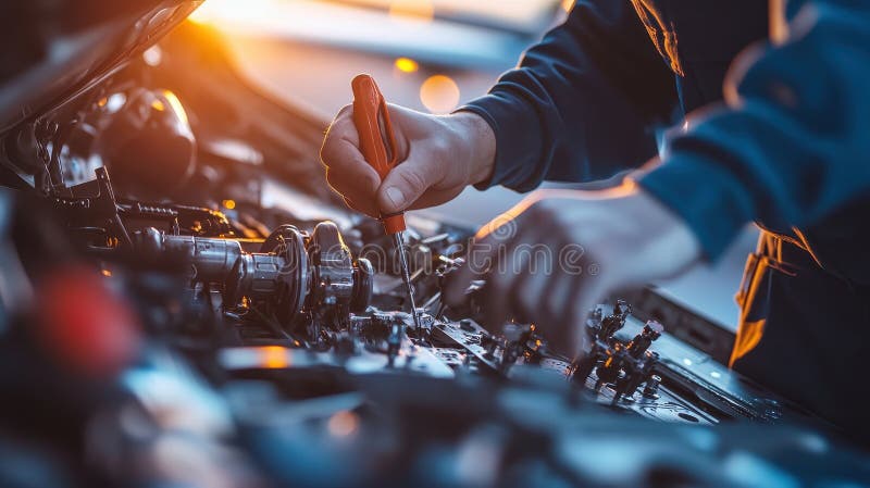 A Person Working on a Car Engine with a Screwdriver, Focusing on ...