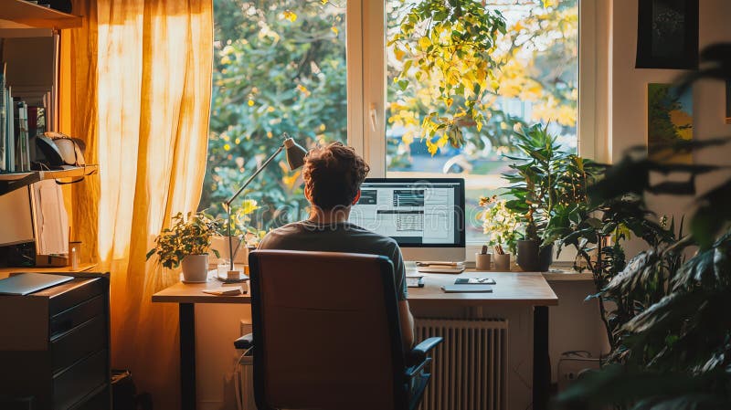 Person Working on a Computer in a Bright, Plant-filled Room Stock ...