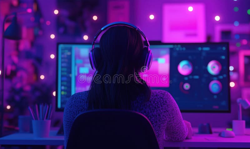 Person Working on Computer in Colorful Ambient Lighting with Headphones ...