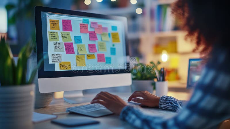 Person Working on Computer with Colorful Sticky Notes on Screen in Cozy ...