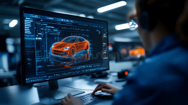 Person Working on Computer Design for a Modern Car in a Digital ...