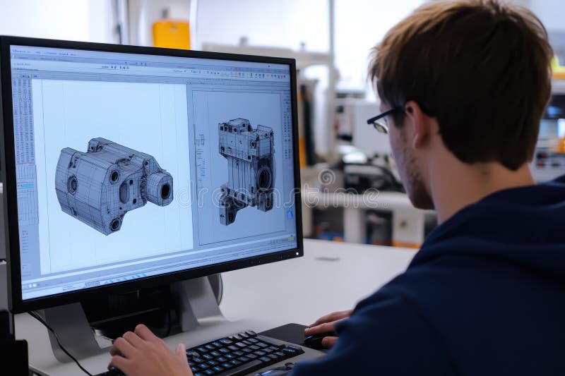 A Person Working on a Computer, Designing a Mechanical Part Using CAD ... A Person Working on a Computer, Designing a Mechanical Part Using CAD ...
