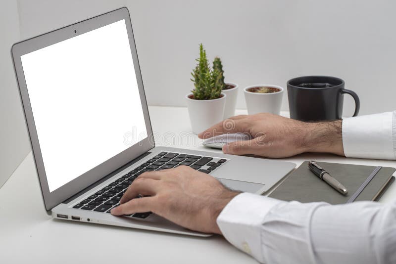 Person Working with Computer on Desk. Holding Coffee in Hand Stock ...