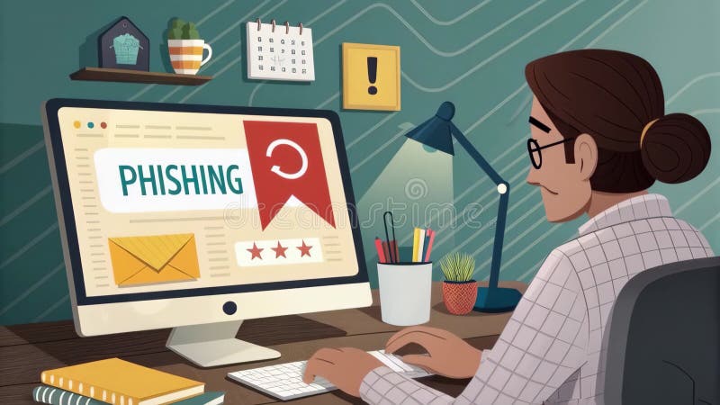 Person Working on Computer Displaying Phishing Alert in a Modern ...