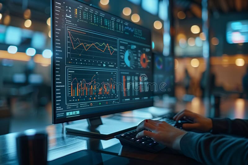 Person Working on Computer with Financial Data and Charts in Evening ...