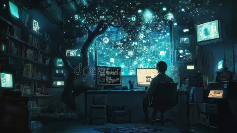 Person Working at Computer in Futuristic Room with Glowing Data Tree ...