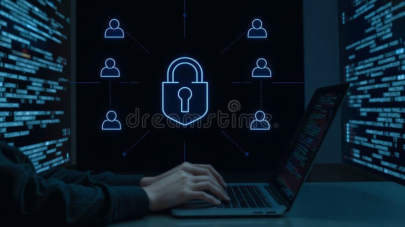 Person Working on a Computer with a Glowing Padlock Icon and User Icons ...