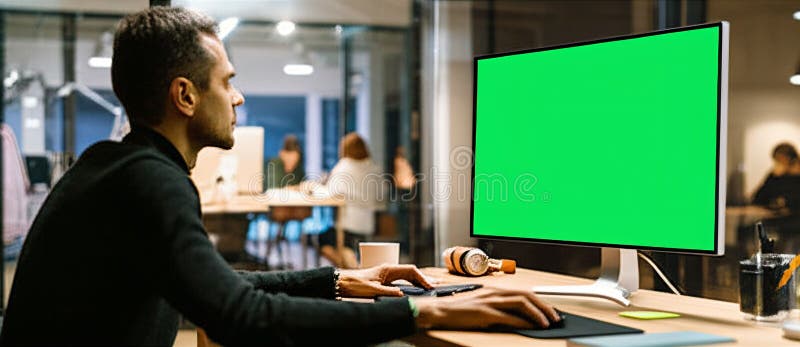 Person Working at Computer with Green Screen Stock Illustration ...