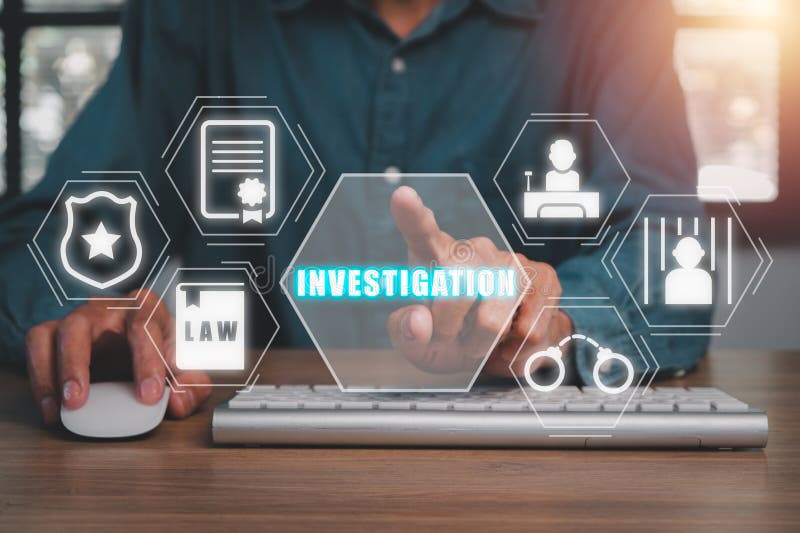 Person Working on Computer and Hand Touching Investigation Icon on ...