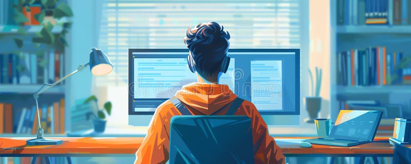 Person Working at a Computer in a Home Office Stock Illustration ...