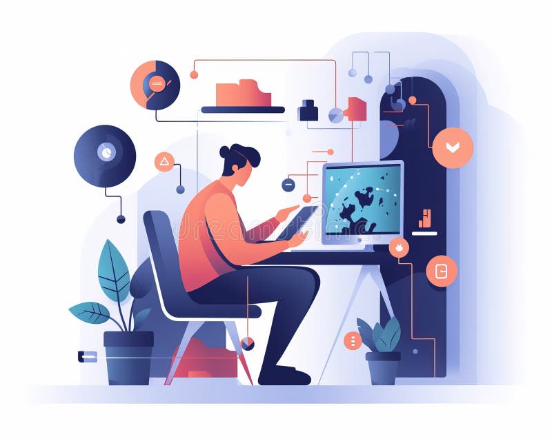 A Person Working on Computer, Internet Connection and Virtual Reality ...